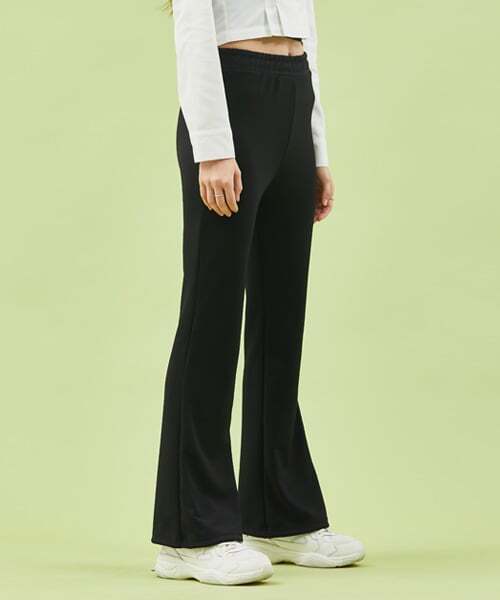 LONG SLIM ELASTIC WAIST BOOTCUT SLACKS [BLACK] WIDE TRUMPET PANTS VER ...