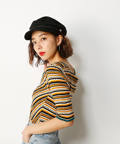 SLY（スライ）の「MULTI BORDER RIBBON 5分袖TOPS（ニット/セーター）」 - WEAR