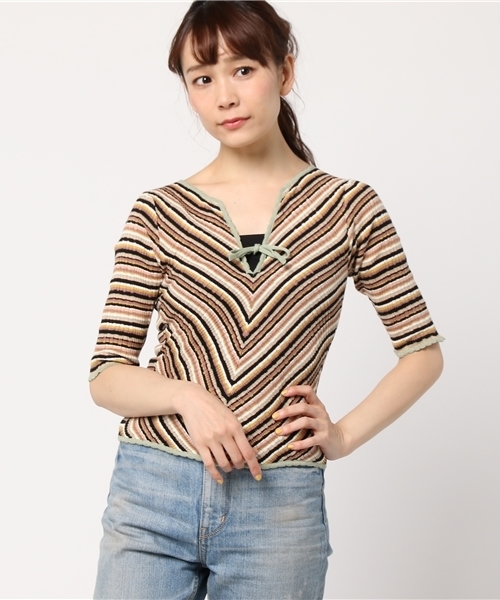 SLY（スライ）の「MULTI BORDER RIBBON 5分袖TOPS（ニット/セーター）」 - WEAR