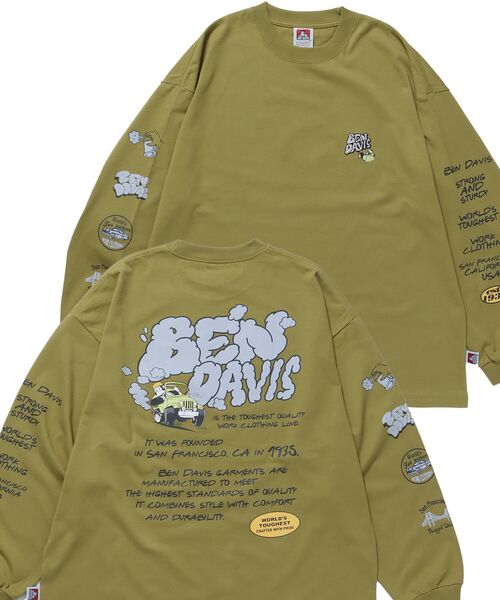 【セール】【BEN DAVIS(ベンデイビス)】SMOKE&SCRIPT L/S TEE(WIDE) / ロゴ 刺繍 バイカー プリント ...