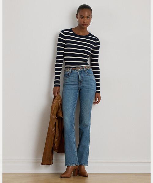 セール】ストライプド リブニット クルーネック セーター（ニット