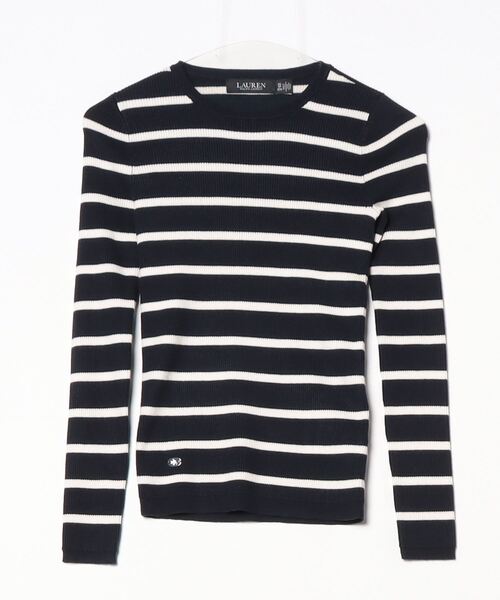 セール】ストライプド リブニット クルーネック セーター（ニット