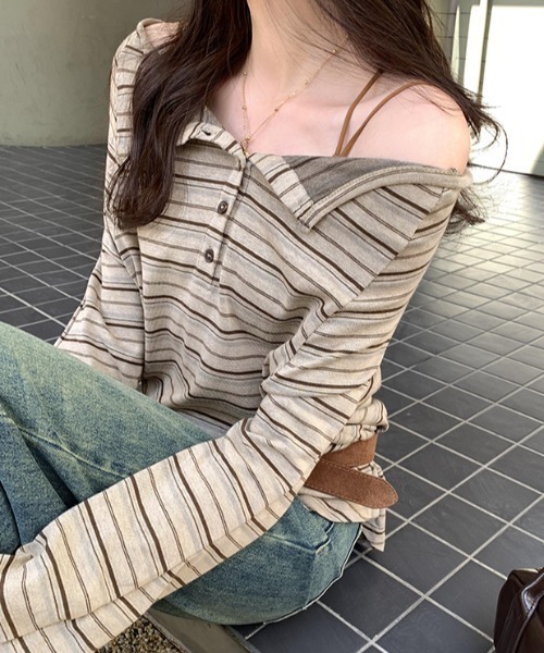 GEMEDA（ジェメダ）の「ボーダーボタンシャーリングオフショルTシャツ（Tシャツ/カットソー）」 - WEAR