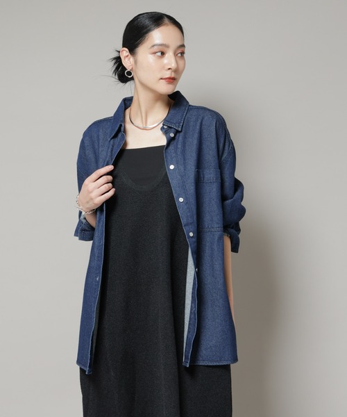 セール】刺繍入りデニムワイドシャツ(セットアップ可)（シャツ