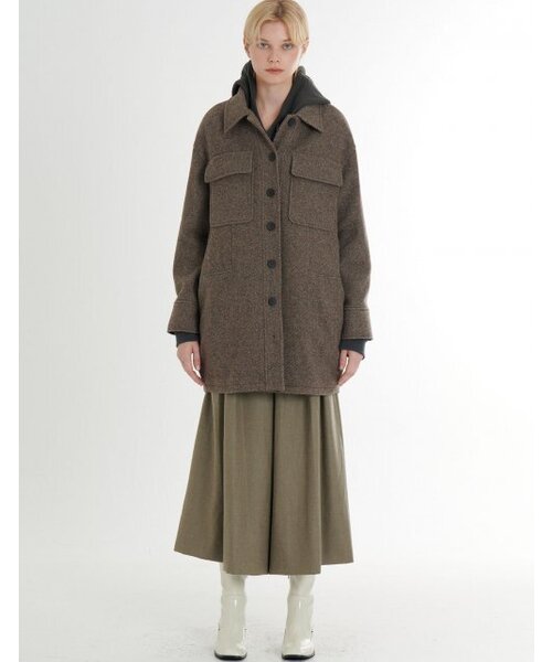 【セール】Wool Tweed Long Shirt Structured Jacket_Brown Twill（チェスターコート ...