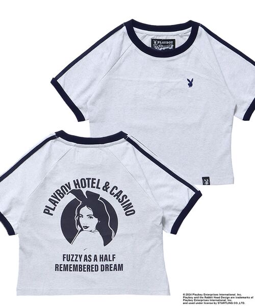 PLAYBOY（プレイボーイ）の「【SEQUENZ】 PLAYBOY BABE TEE / 半袖Tシャツ クルーネック バックプリント ワンポイント ショート丈 短丈 ブランドロゴ ブローク ...