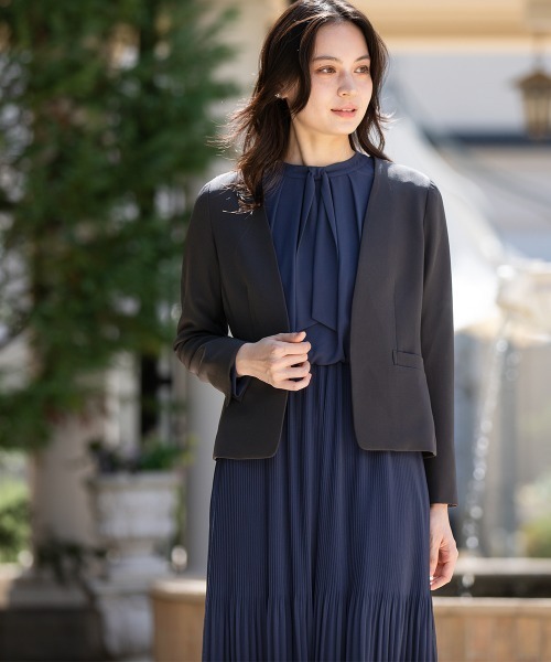 nissen（ニッセン）の「ダブルクロスノーカラージャケット+シフォン