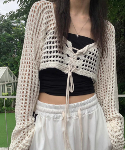 2WAY透かし編みニットショートカーディガン（カーディガン/ボレロ）｜Girly Doll（ガーリードール）のファッション通販 - ZOZOTOWN