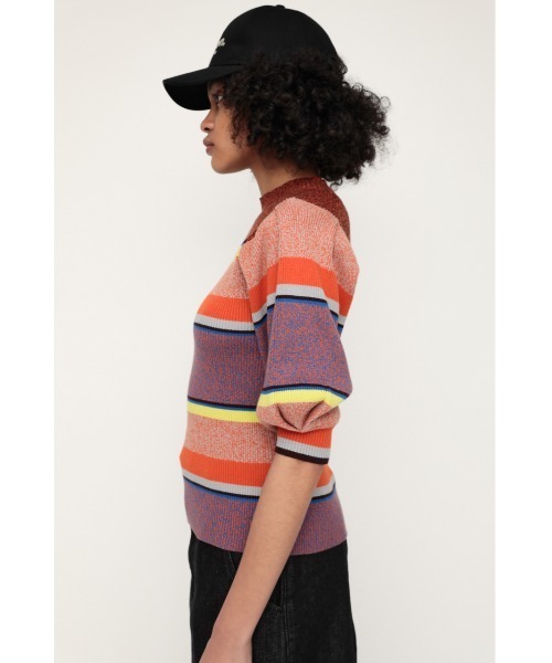SLY（スライ）の「MULTI BORDER PUFF TOPS マルチ ボーダー パフスリーブ トップス（Tシャツ/カットソー）」 - WEAR