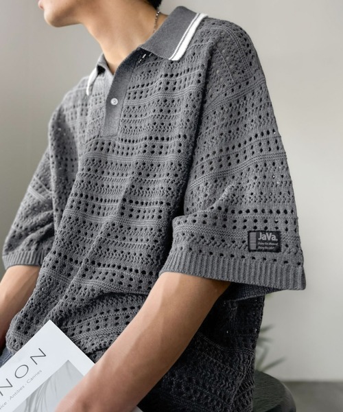 Java（ジャバ）の「《JaVaジャバコラボ》レトロ〝っぽい〟がちょうどいい。メッシュ編地柄 スキッパー襟 ニットポロシャツ（半袖 ...