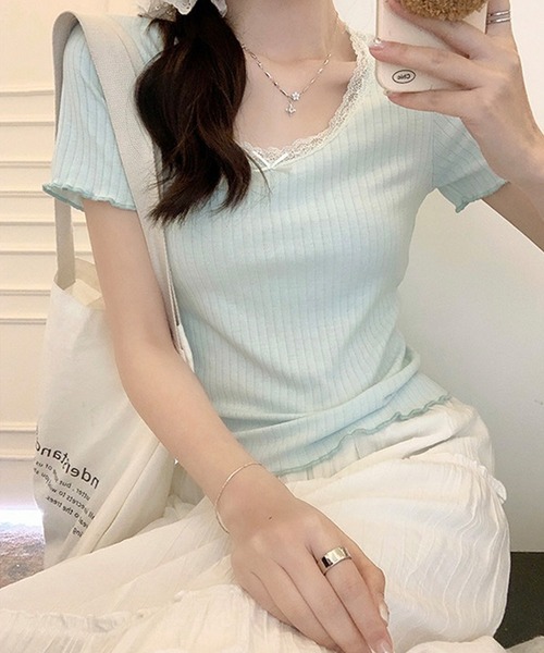 【セール】フロントリボン ネックレース リブトップス（Tシャツ/カットソー）｜shopnikoniko（ショップニコニコ）のファッション通販 ...