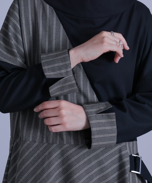 無地×ストライプ切替デザインアシメワンピース』（ワンピース