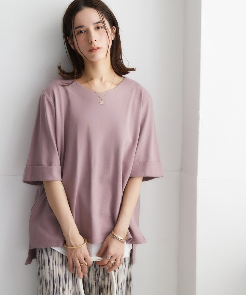 nissen（ニッセン）の「綿100％バスク折り返し袖Vネックトップス（Tシャツ/カットソー）」 - WEAR