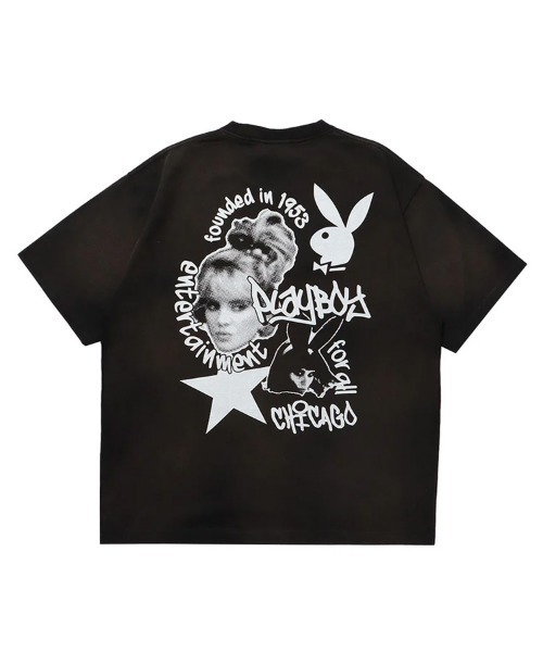 【セール】【SEQUENZ】PLAYBOY×Sequenz 90s Tシャツ スプレーブリーチ加工 グラフィック コラージュ 半袖 ブラック（Tシャツ/カットソー）｜SEQUENZ（シークエン ...