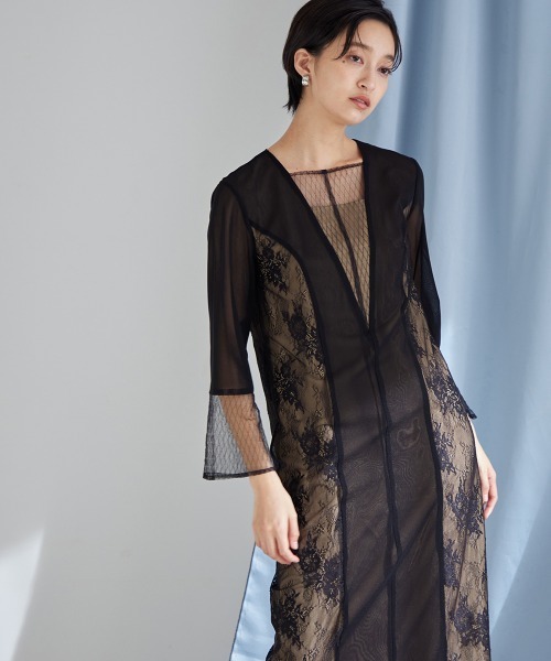 Callarus（カラルス）の「【結婚式・パーティー・オケージョンドレス】Vネックチュールデザインワンピースドレス｜大きいサイズ有〔Callarus〕（ドレス）」 - WEAR