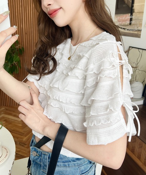 【セール】カットフリル袖リボン半袖カットソー（Tシャツ/カットソー）｜moment+（モーメントプラス）のファッション通販 - ZOZOTOWN