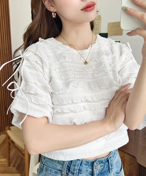 moment+（モーメントプラス）の「カットフリル袖リボン半袖カットソー（Tシャツ/カットソー）」 - WEAR