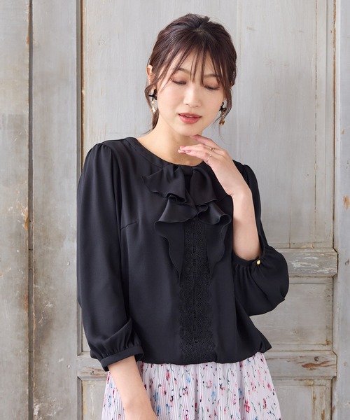 セール】【手洗いOK】リボンモチーフバルーンヘムブラウス（シャツ