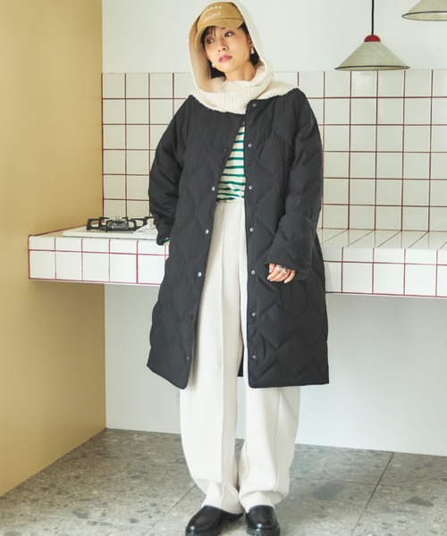 セール】シームレスノーカラーロングコート（ノーカラーコート）｜DOUX