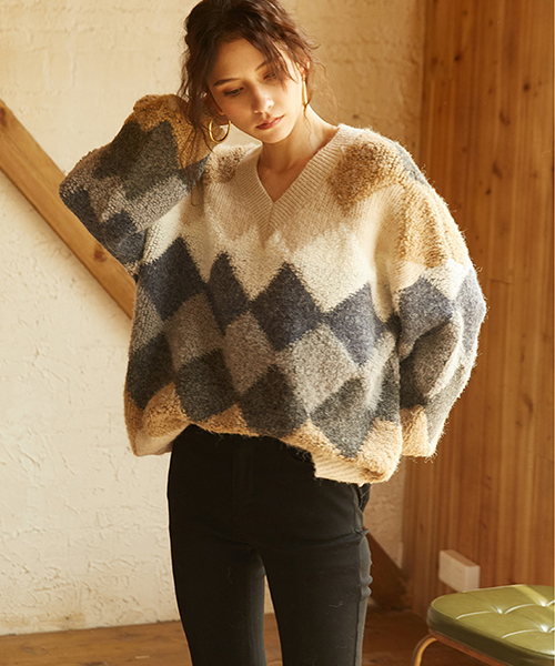 Knit Mix（ニットミックス）の「【Knit mix】ダイヤ柄 Vネックニット（ニット/セーター）」 - WEAR