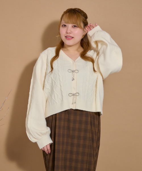 大きいサイズ】リボンケーブルカーディガン（ニット/セーター