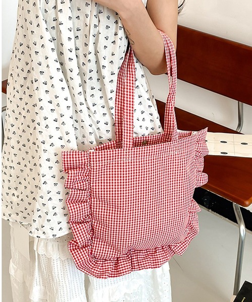 leune（ルネ）の「【A4対応】フリルトートバッグ/ギンガムチェックバッグ（トートバッグ）」 - WEAR