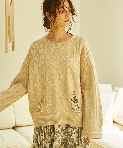 Knit Mix（ニットミックス）の「【Knit mix】ケーブル編み ダメージニット（ニット/セーター）」 - WEAR