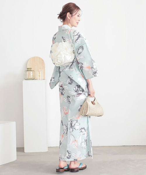 レディース 浴衣 レディース 女性浴衣 2点セット(綿浴衣+しわ兵児帯) F