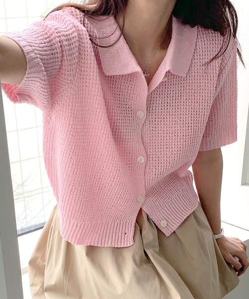 REMUR（レミュール）の「襟付きワッフル半袖ニットカーディガン（カーディガン/ボレロ）」 - WEAR