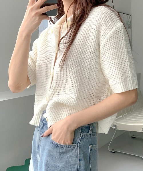 REMUR（レミュール）の「襟付きワッフル半袖ニットカーディガン（カーディガン/ボレロ）」 - WEAR
