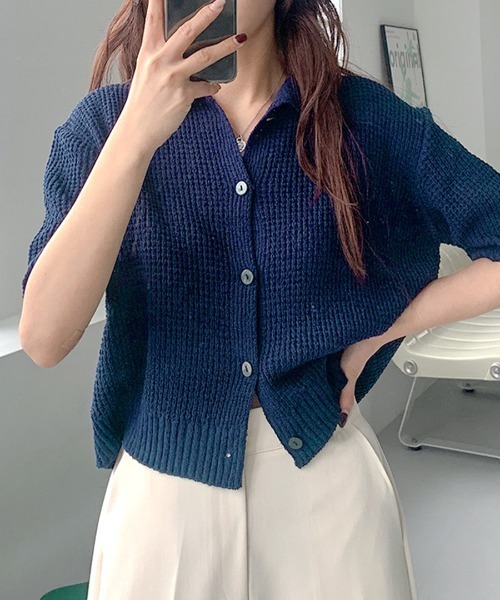 REMUR（レミュール）の「襟付きワッフル半袖ニットカーディガン（カーディガン/ボレロ）」 - WEAR