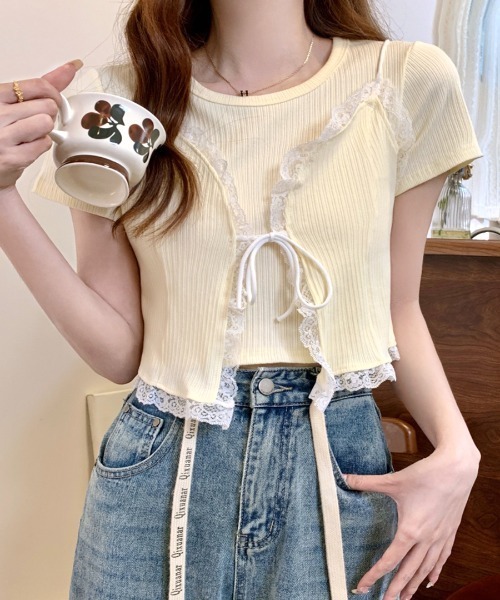 REMUR（レミュール）の「[2点セット] レースリボンビスチェ+Tシャツセットアイテム（Tシャツ/カットソー）」 - WEAR