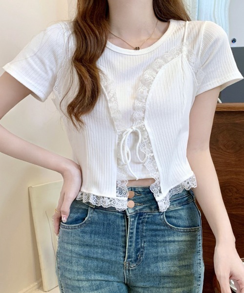REMUR（レミュール）の「[2点セット] レースリボンビスチェ+Tシャツセットアイテム（Tシャツ/カットソー）」 - WEAR