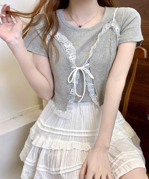 REMUR（レミュール）の「[2点セット] レースリボンビスチェ+Tシャツセットアイテム（Tシャツ/カットソー）」 - WEAR