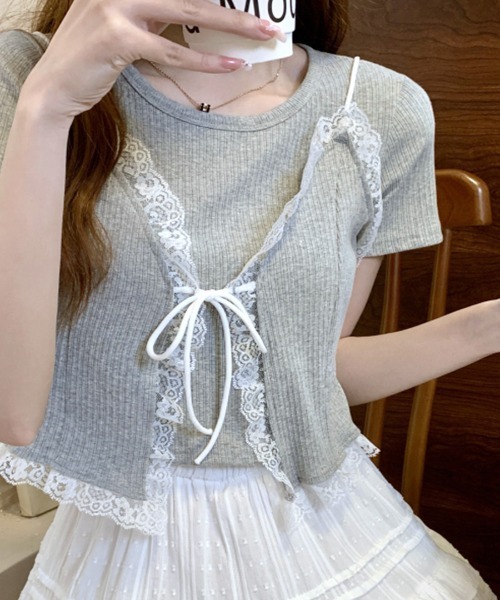 REMUR（レミュール）の「[2点セット] レースリボンビスチェ+Tシャツセットアイテム（Tシャツ/カットソー）」 - WEAR