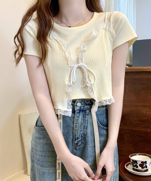 REMUR（レミュール）の「[2点セット] レースリボンビスチェ+Tシャツセットアイテム（Tシャツ/カットソー）」 - WEAR