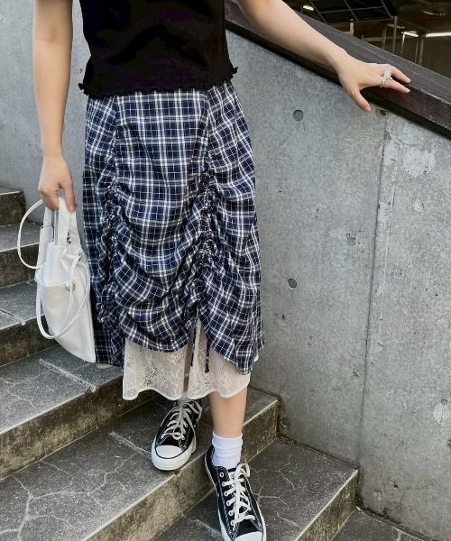 idem（イデム）の「lace layered drawstring skirt／レースレイヤードチェックドロストスカート（スカート）」 - WEAR