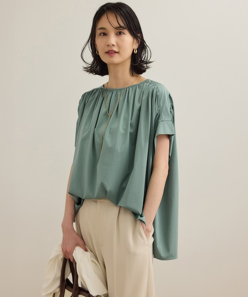 セール】【洗える】クリア天竺ギャザー半袖プルオーバー/お仕事服（T