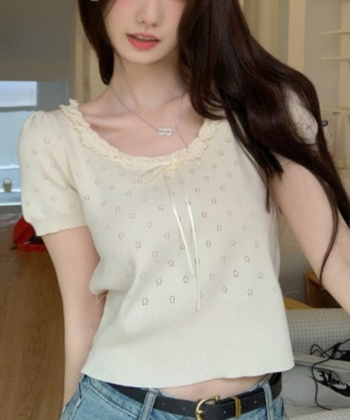 Teem Store（チームストア）の「レース リボンモチーフ ニット Tシャツ（Tシャツ/カットソー）」 - WEAR