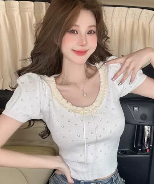 Teem Store（チームストア）の「レース リボンモチーフ ニット Tシャツ（Tシャツ/カットソー）」 - WEAR