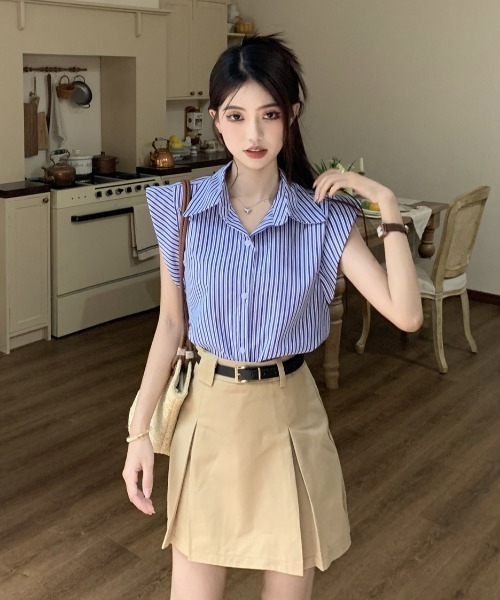 AMAJI（アマジ）の「ストライプ柄 フレンチスリーブ シャツ ノースリーブ（シャツ/ブラウス）」 - WEAR