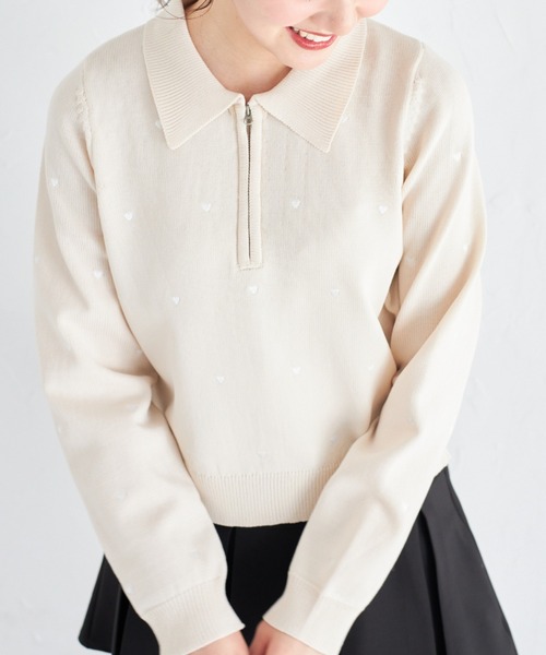 【セール】ハート刺繍ハーフジップスポンジニットプルオーバー（ニット/セーター）｜tocco closet（トッコ クローゼット）のファッション ...