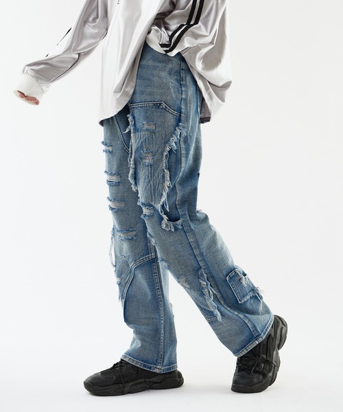 【セール】damage denim pant/ランダムダメージ デニム パンツ ルーズシルエット（デニムパンツ）｜Theater code ...