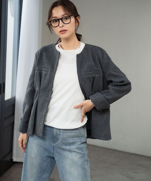 セール】【2025AW】ノーカラー ウエストタック ペプラム ジャケット