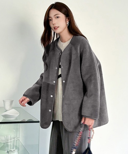 【中古】バイ マレーネ ビルガー BY MALENE BIRGER リバーシブル ムートンコート ノーカラー ロング 32 黒 茶 2WAYリバーシブルノーカラーコート（フェイクムートン/ボア