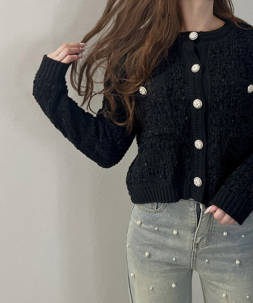 NAUL（ナウル）の「ツイードライクニットカーディガン / CD ツイードニット 金ボタン ゴールドボタン ショート丈 ツイードカーディガン ...