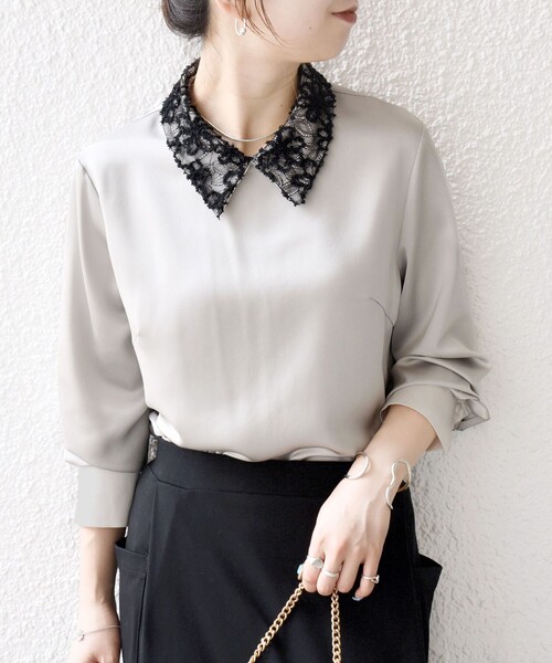 SHIPS any:〈洗濯機可能〉サテン レースカラー ブラウス（シャツ