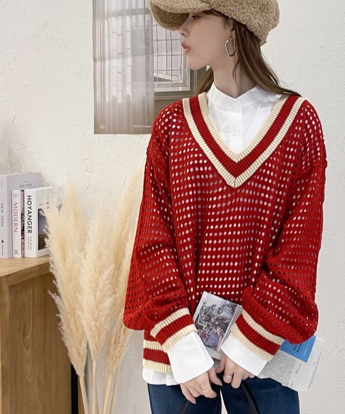 classicalelf（クラシカルエルフ）の「Vネック配色メッシュニットトップス（ニット/セーター）」 - WEAR