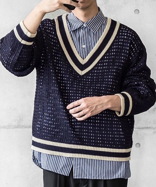 classicalelf（クラシカルエルフ）の「Vネック配色メッシュニットトップス（ニット/セーター）」 - WEAR