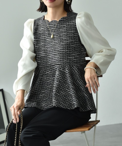 INTERPLANET（インタープラネット）の「カットツイード袖シアーペプラムプルオーバー（Tシャツ/カットソー）」 - WEAR